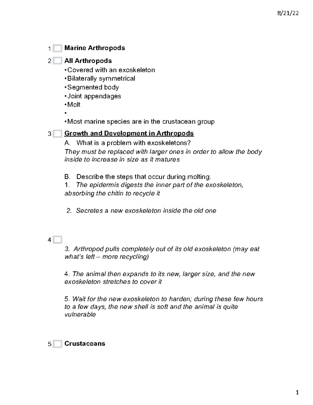 Lab 8 - Arthropods - Dr. Galloway. Arthropod lecture - 8/21/ 1 Marine ...