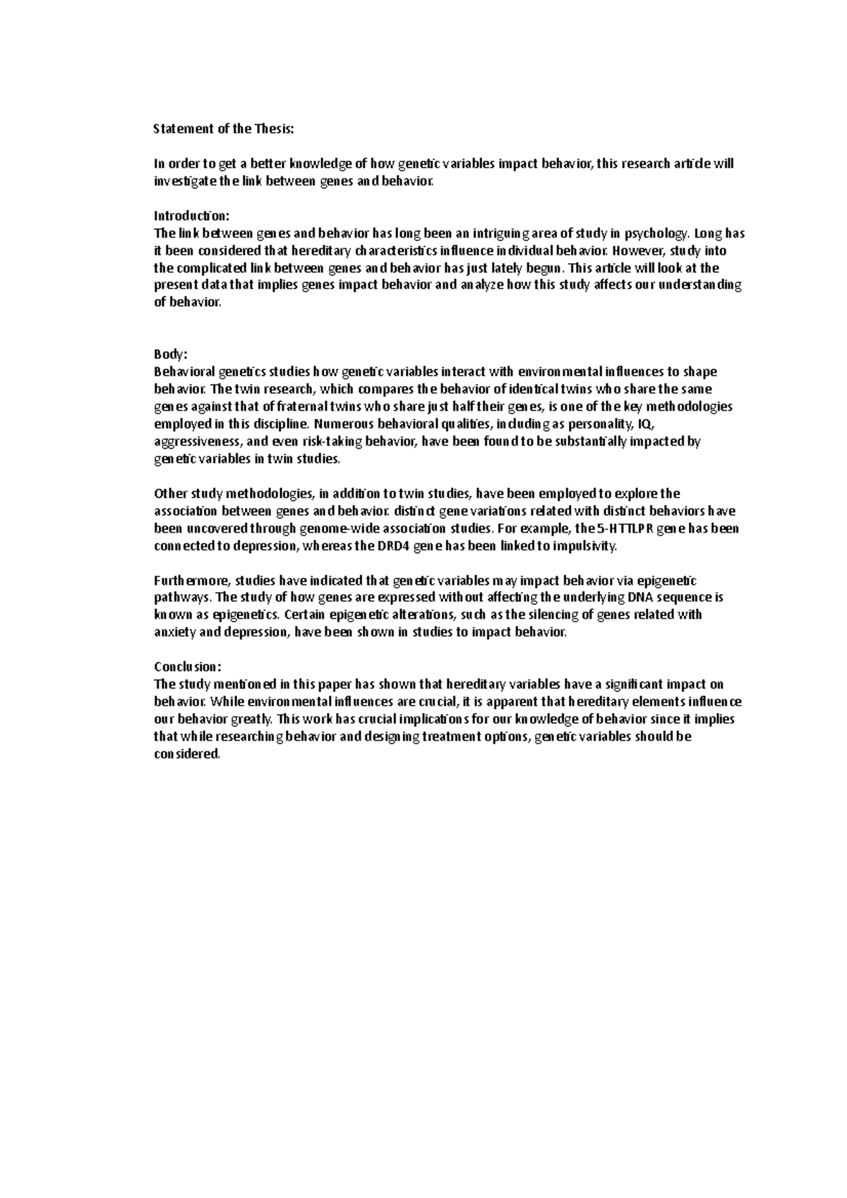 Investigating the relationship between genes and behavior - Statement ...
