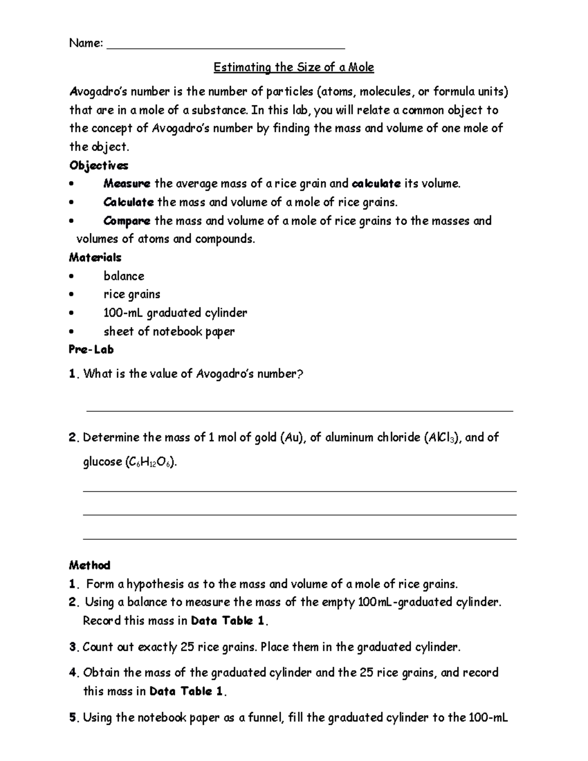 1 Estimating the Size of a Mole of Rice Lab - Name ...