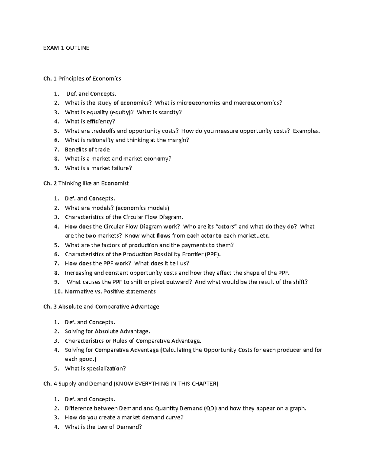 Micro EXAM 1 Outline-2 - EXAM 1 OUTLINE Ch. 1 Principles of Economics ...