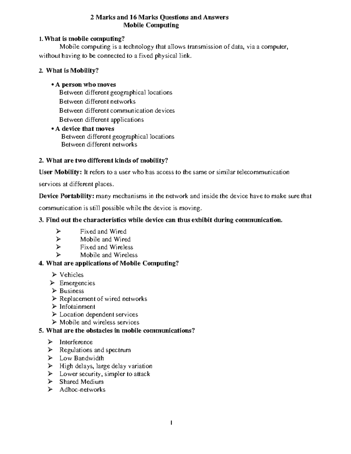 Question Bank 2 - 2 Marks and 16 Marks Questions and Answers Mobile Computing 1. What is mobile ...