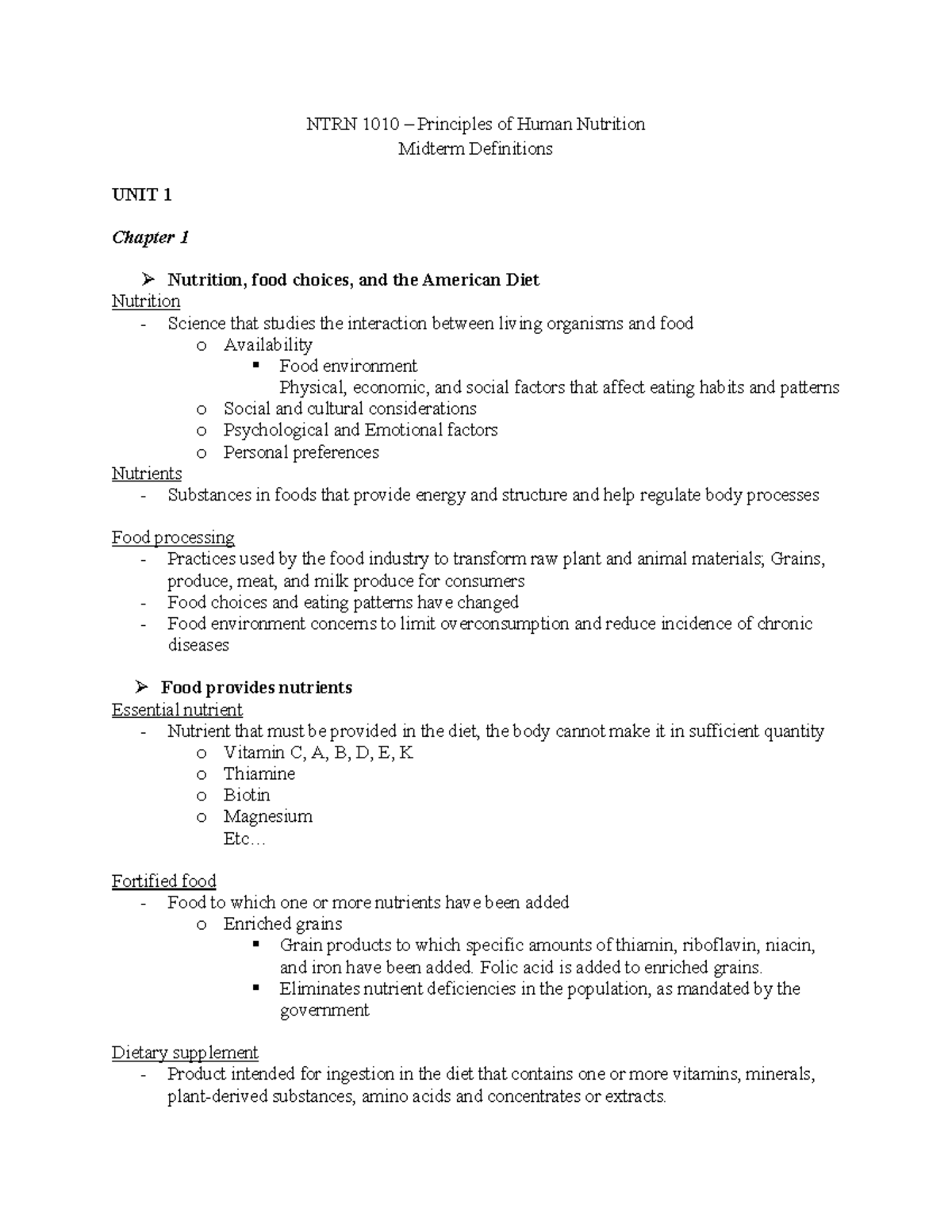 NTRN 1010 - Midterm - NTRN 1010 – Principles of Human Nutrition Midterm ...