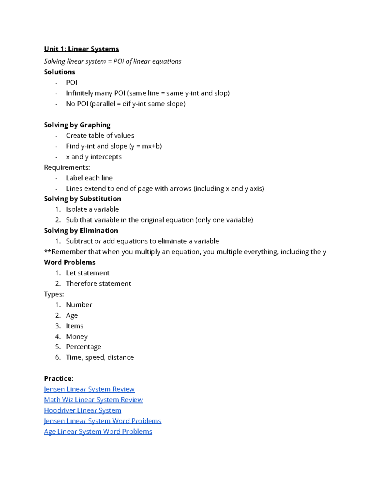 Math Full Exam Review Notes - Unit 1: Linear Systems Solving linear ...