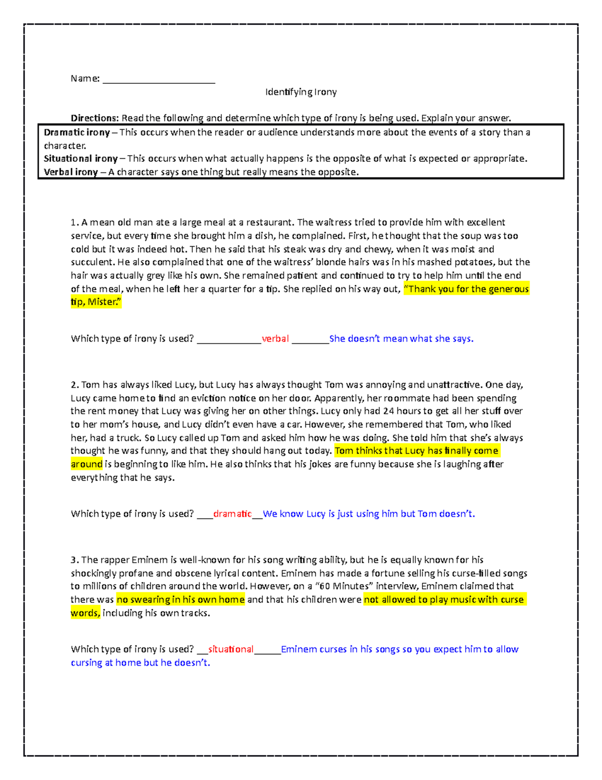Irony Worksheet Answers Name Identifying Irony 