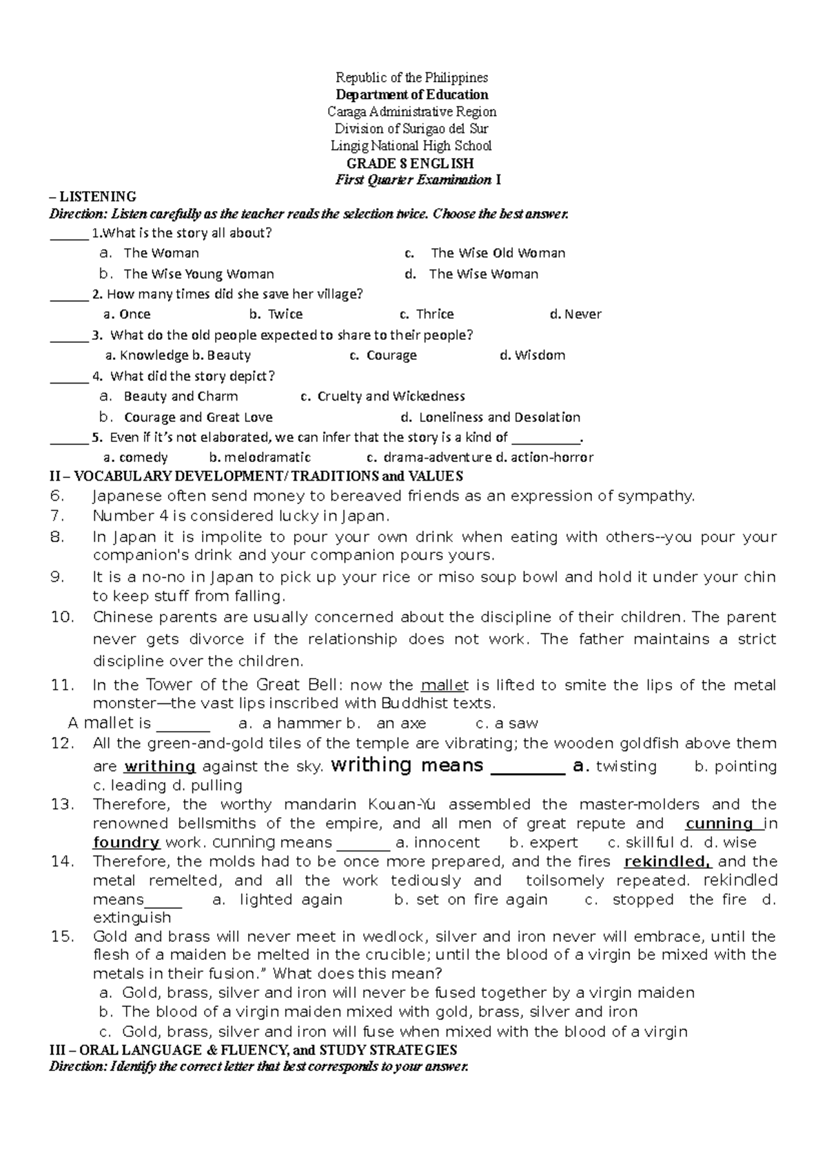 Grade 8 1st quarter english docx - Republic of the Philippines ...