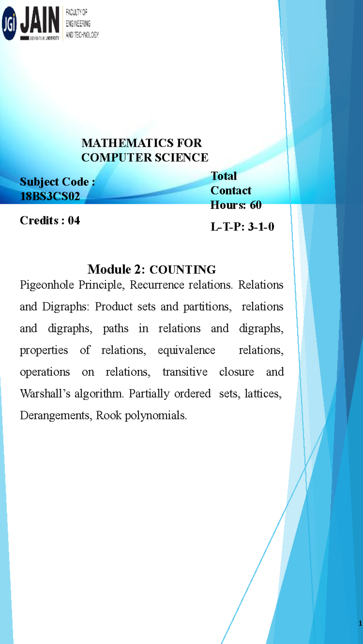Module 2- Counting - MATHEMATICS FOR COMPUTER SCIENCE ####### 1 Subject ...