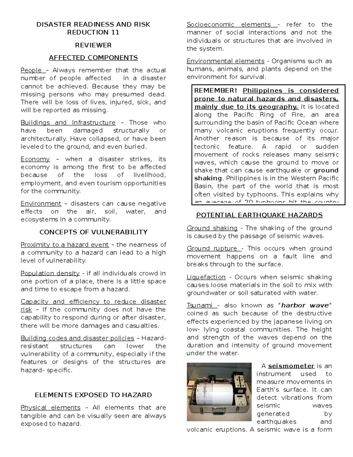 DRRR 1st QT Reviewer - lecture about drrr - DISASTER READINESS AND RISK ...