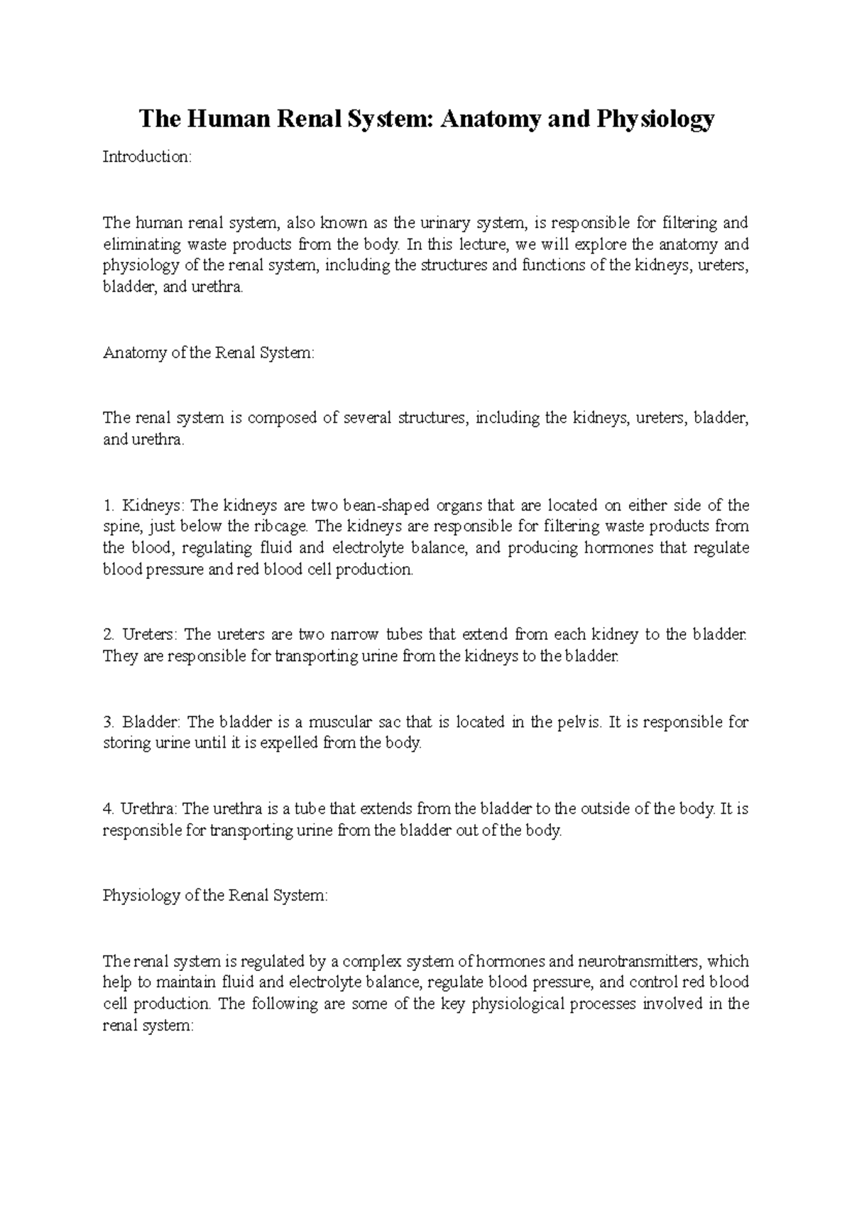 The Human Renal System Anatomy and Physiology - The Human Renal System ...