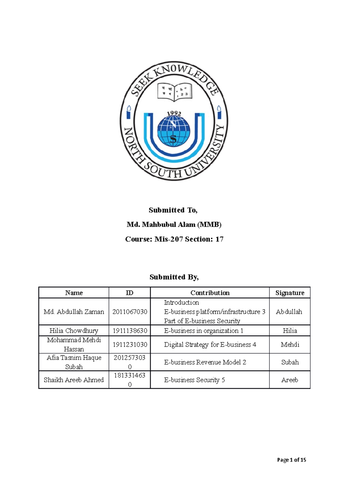Mis-207-Report - Submitted To, Md. Mahbubul Alam (MMB) Course: Mis-207 Section: 17 Submitted By ...