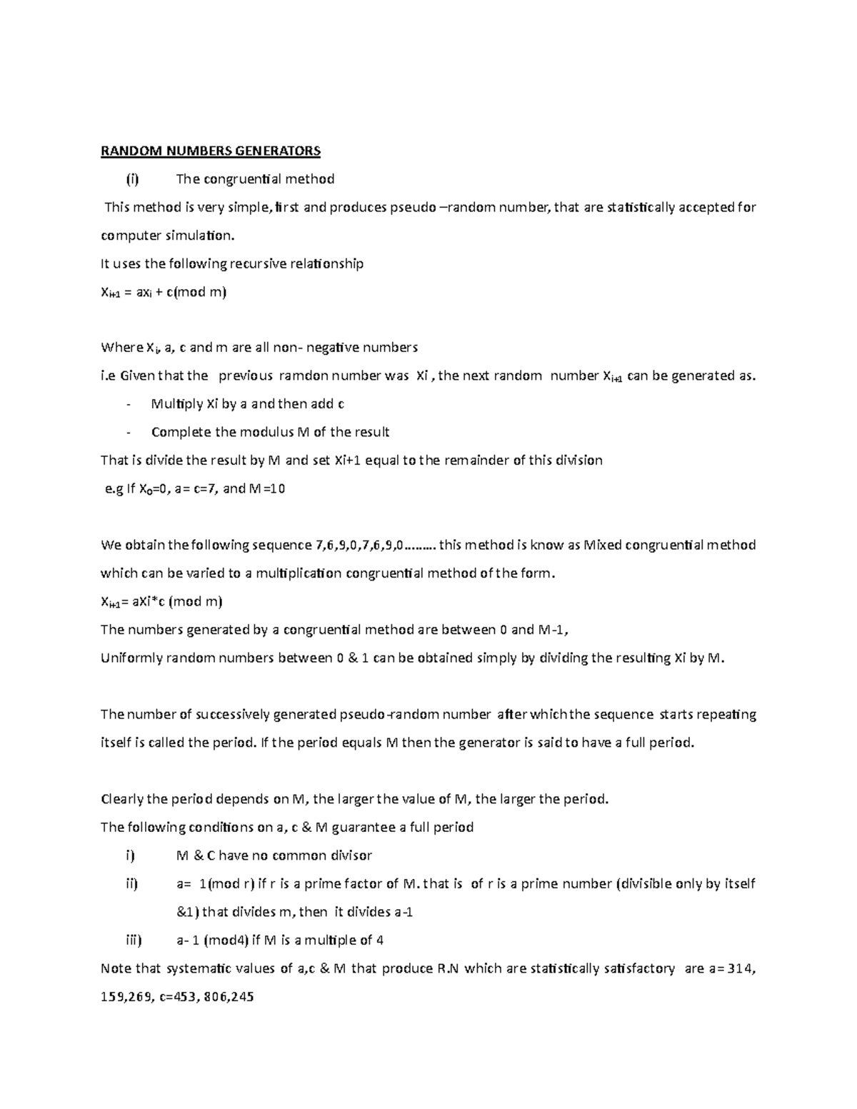 Random Numbers Generators Random Numbers Generators I The Congruential Method This Method Is