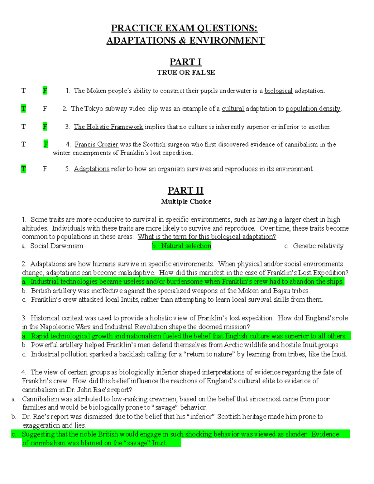 Practice EXAM Questions Adaptations - PRACTICE EXAM QUESTIONS ...