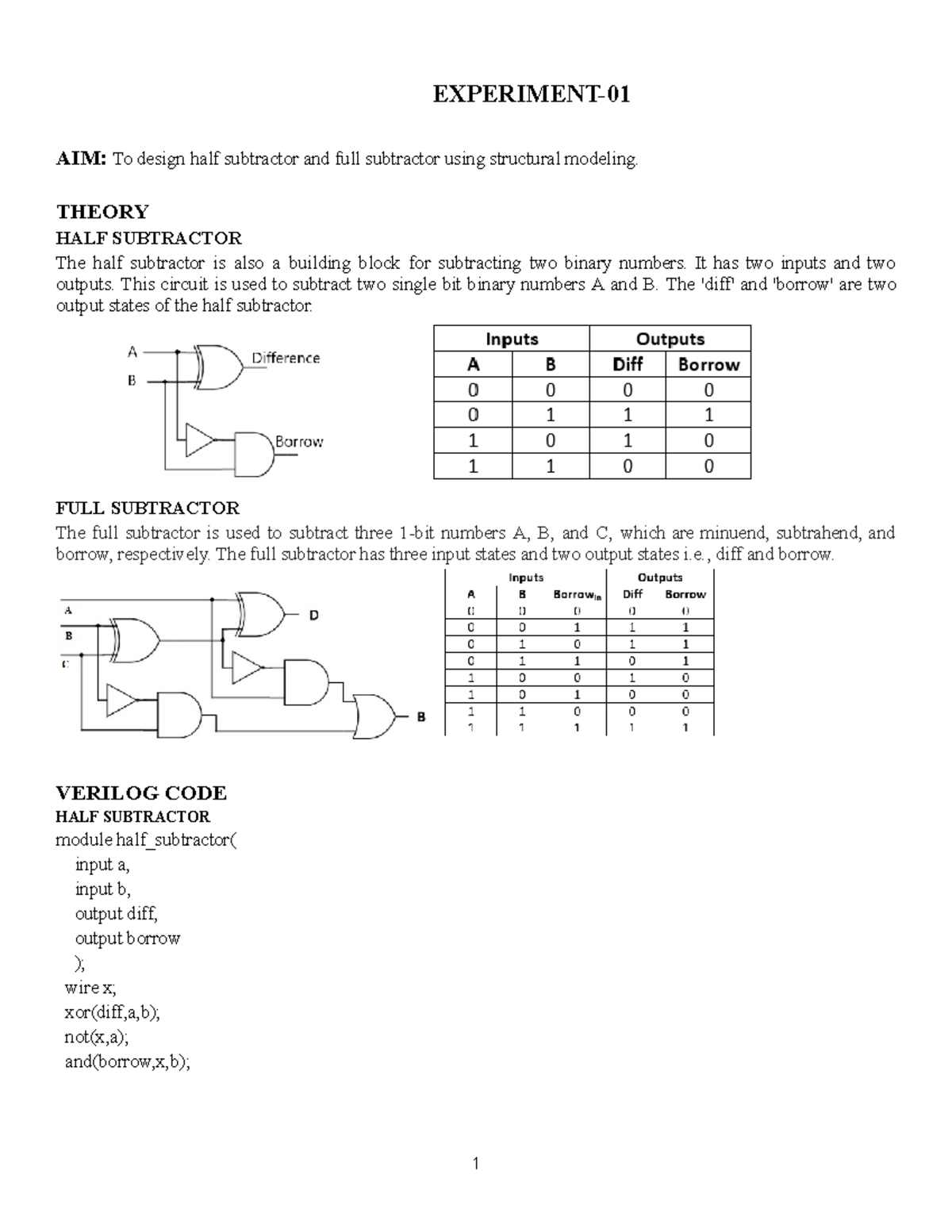 Digital Design Experiments - EXPERIMENT- AIM: To design half subtractor and full subtractor ...
