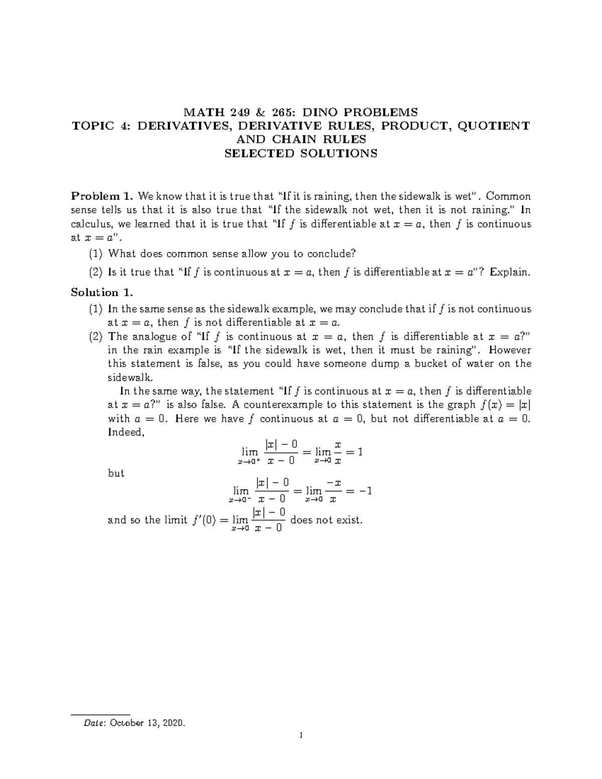 4 derivatives sol[2322] - MATH 249 & 265: DINO PROBLEMS TOPIC 4: DERIVATIVES, DERIVATIVE RULES ...
