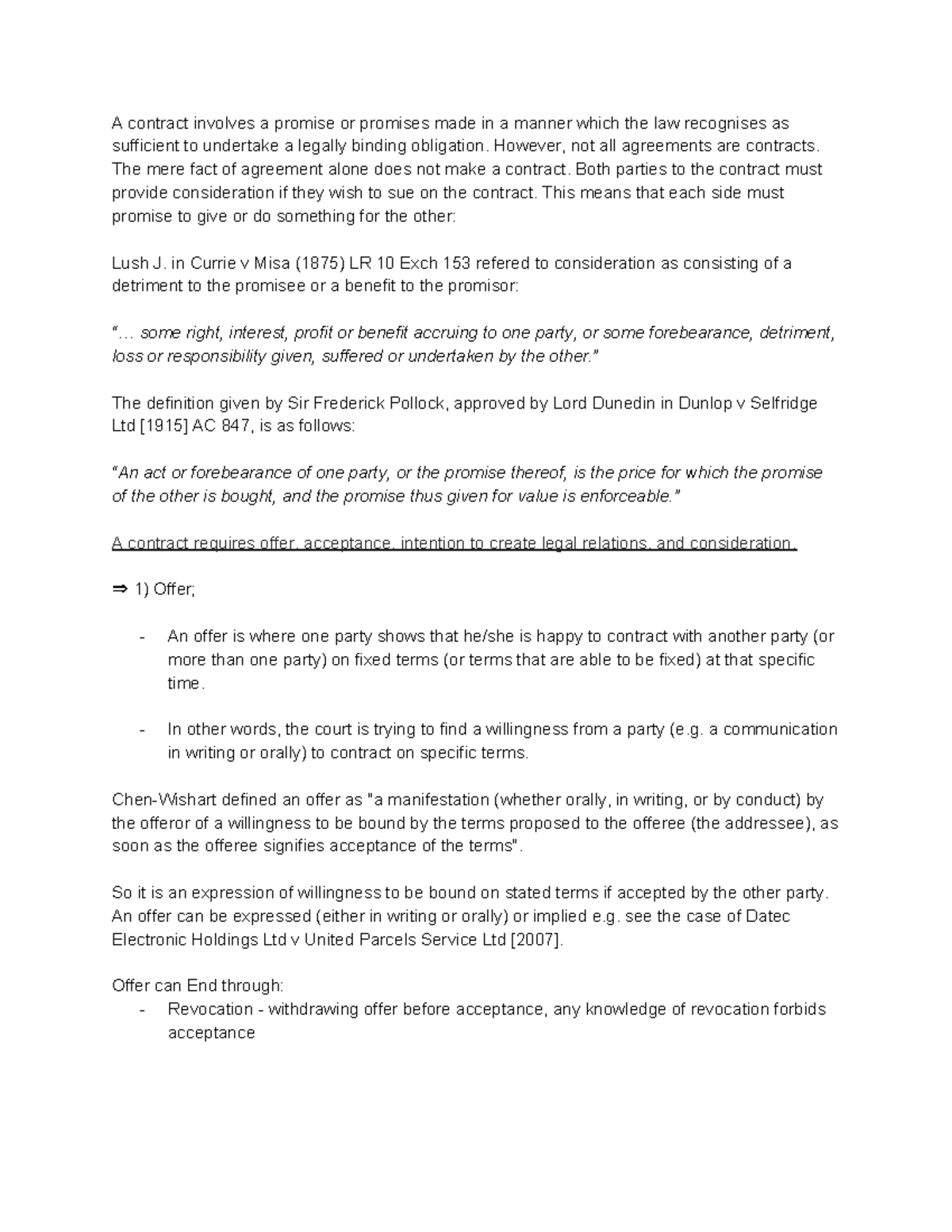 Contract Notes - Brief summaries and cases - A contract involves a ...