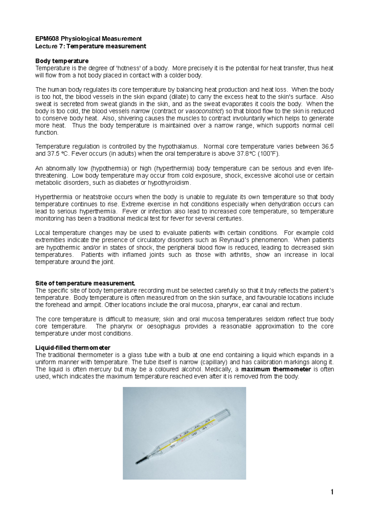 Lecture 7 - Temperature measurement - EPM608 Physiological Measurement Lecture 7: Temperature ...