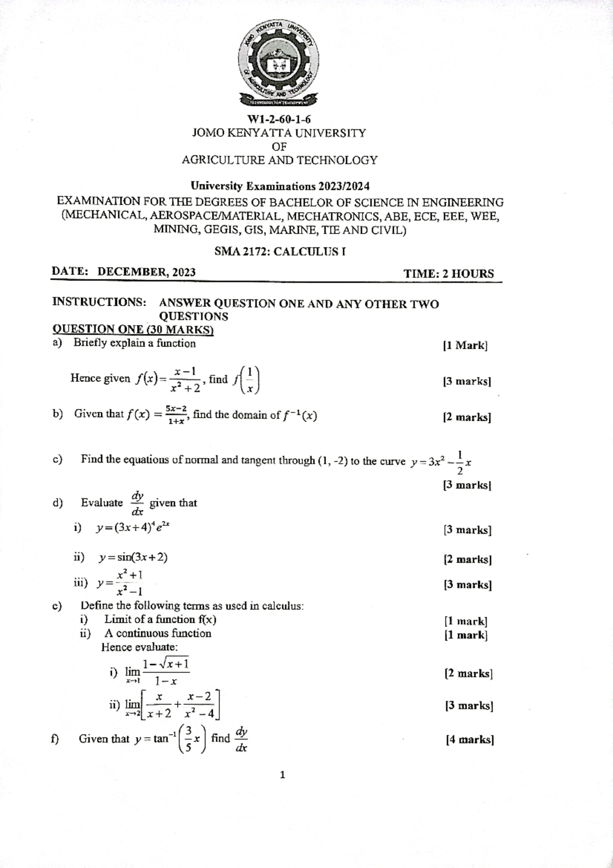 SMA 2172 SMA 2201 Calculus ONE END-OF- Semester EXAM - Mechatronics engineering - Studocu