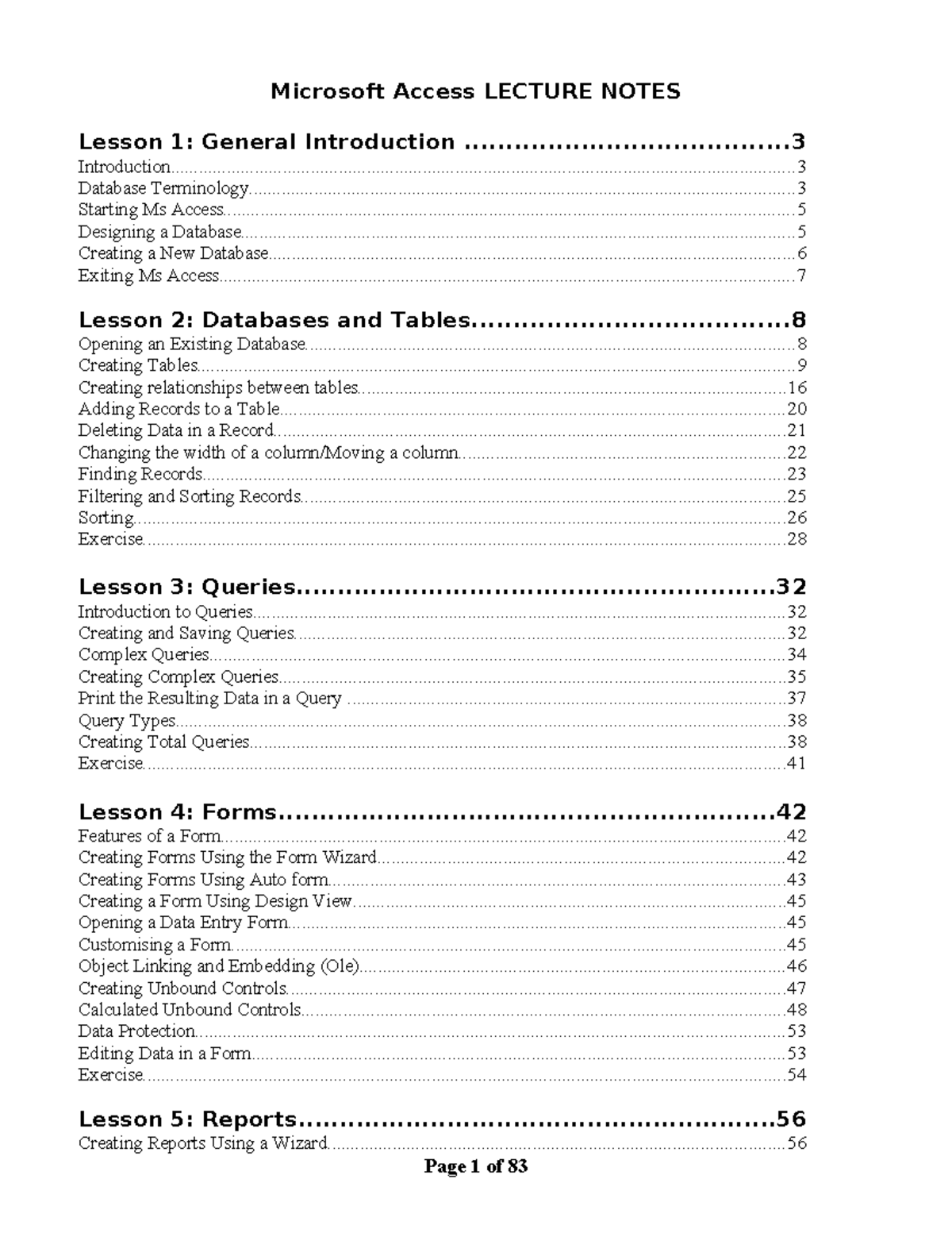 MS Access Lecture Notes - Microsoft Access LECTURE NOTES Lesson 1 ...