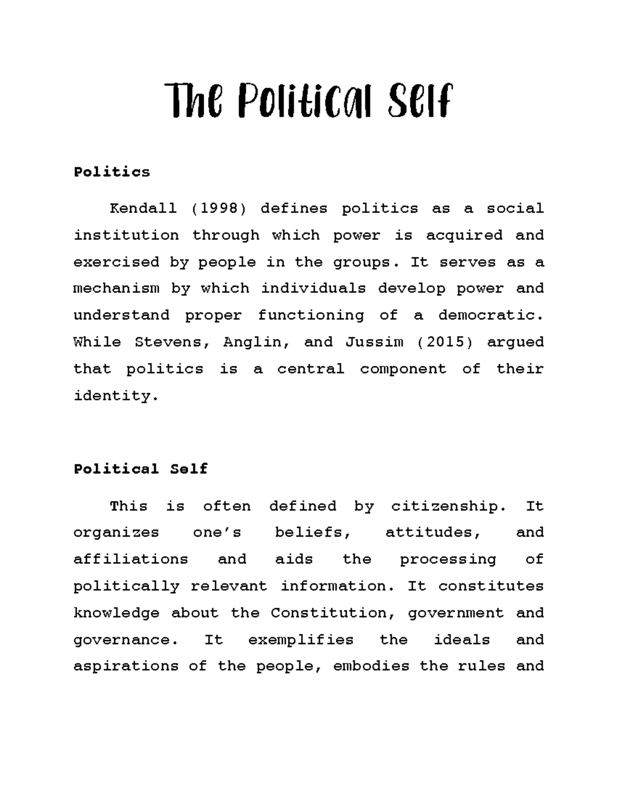 The Political Self - Lecture notes 2 - The Political Self Politics ...