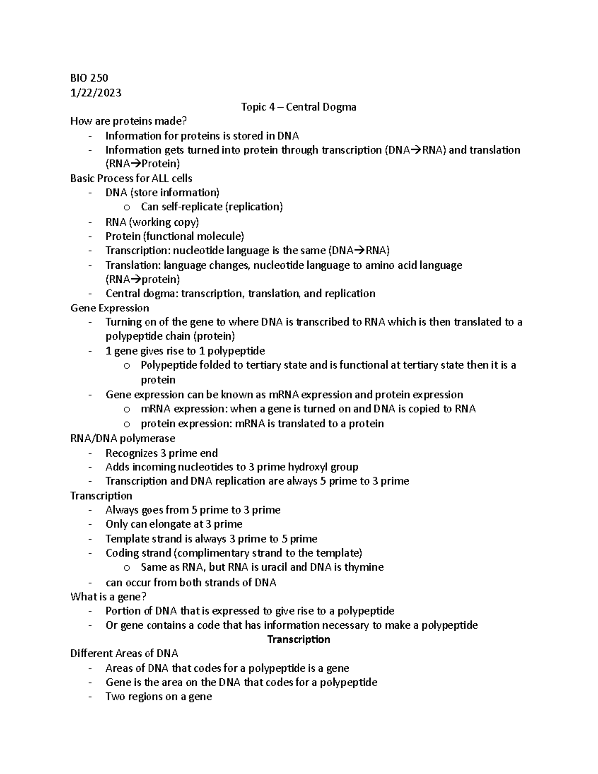 Topic 4 – Central Dogma - In class notes - BIO 250 1/22/ Topic 4 ...