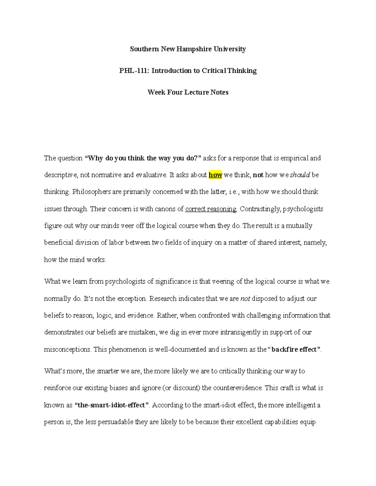 Phl 111 Week Four Lecture Notes Southern New Hampshire University Phl 111 Introduction To 