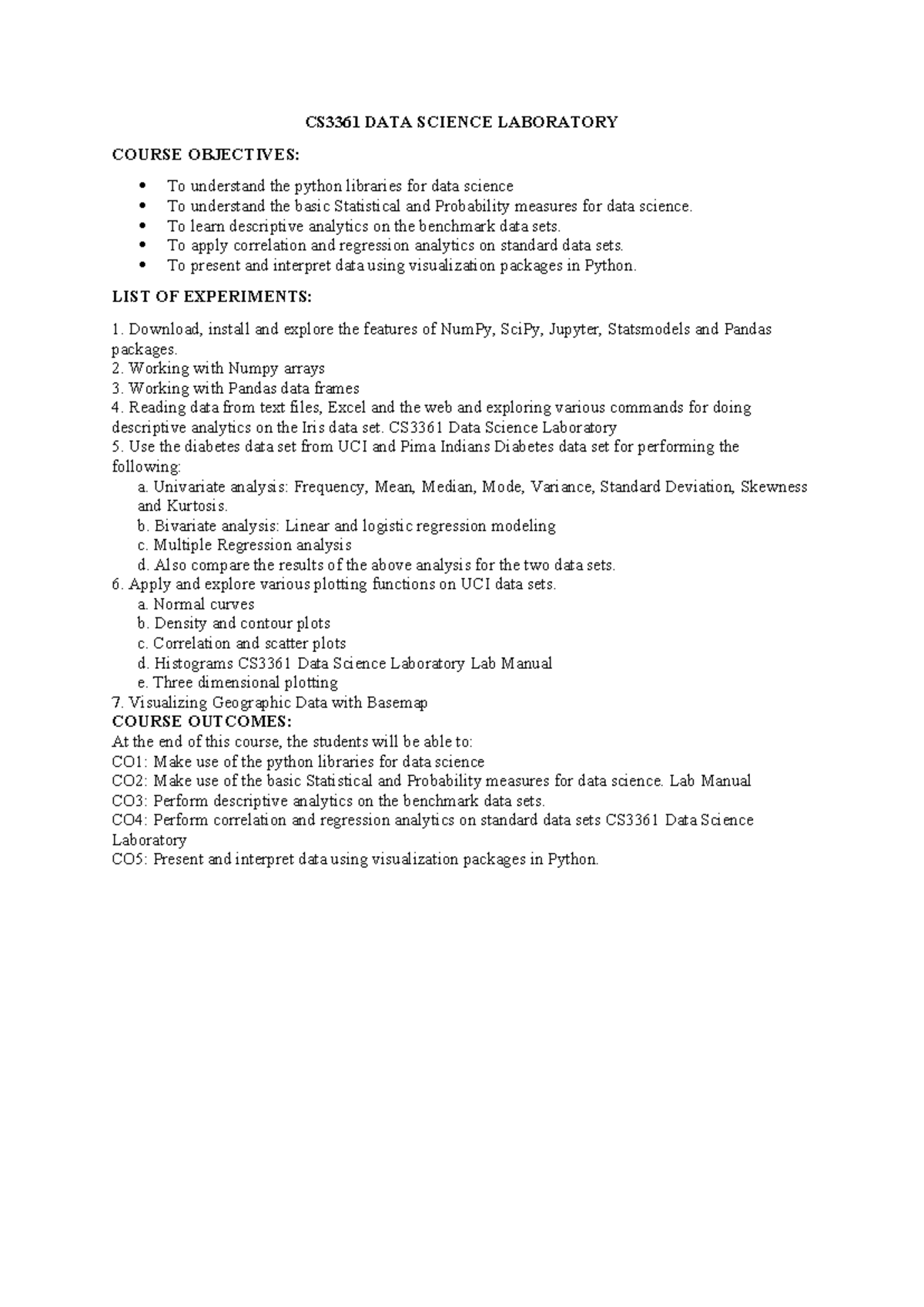 CS3361 DATA Science Laboratory syllabus - CS3361 DATA SCIENCE ...