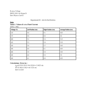 E2 Lab Report - physics II lab - Experiment E2 Report Brendan Fox ...