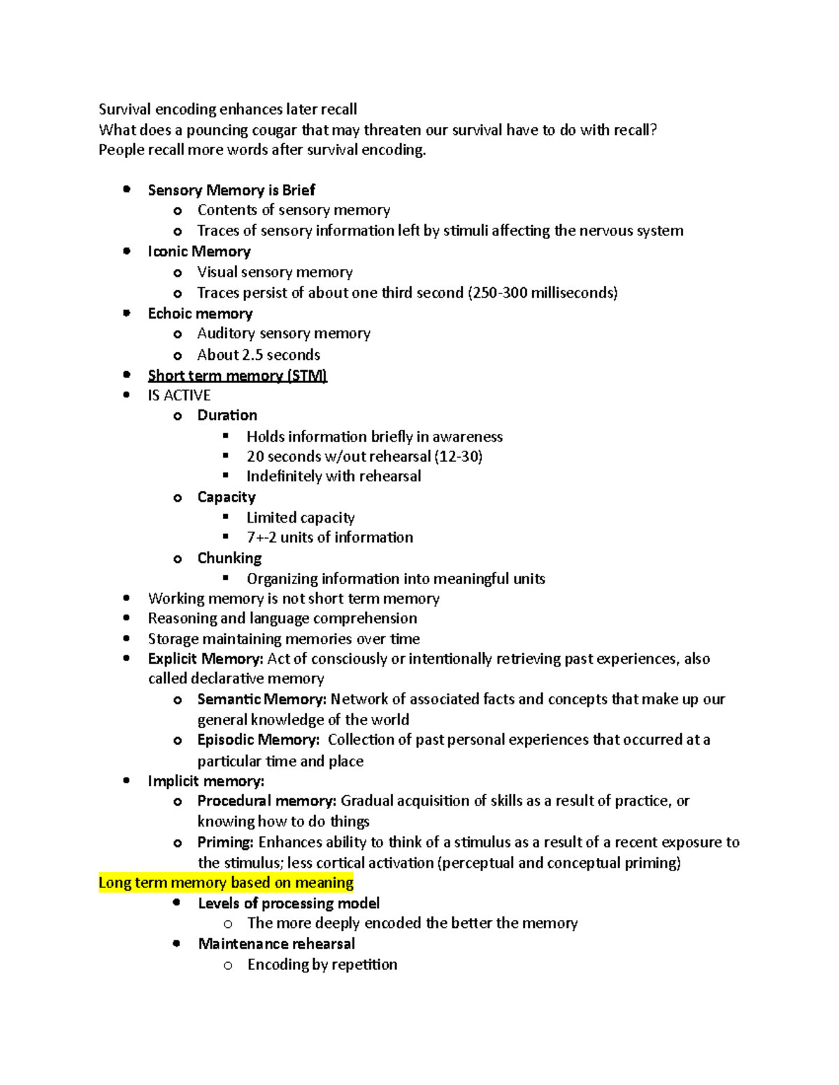 Memory - Lecture notes 10 - Survival encoding enhances later recall ...