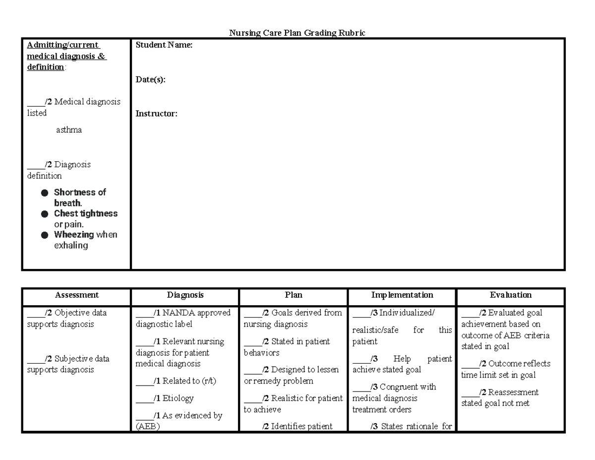 Nursing Care Plan Template and Grading Rubric - Nursing Care Plan ...