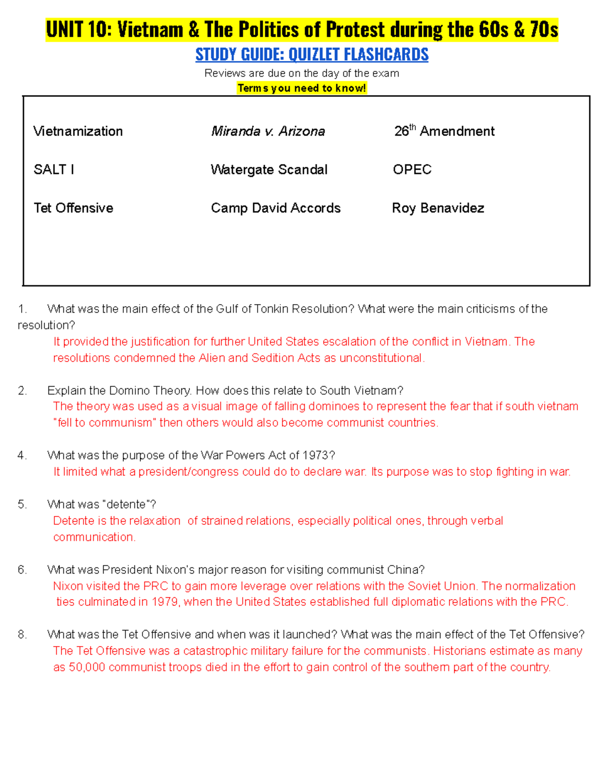 (Unit 10 Study Guide) - UNIT 10: Vietnam & The Politics of Protest ...