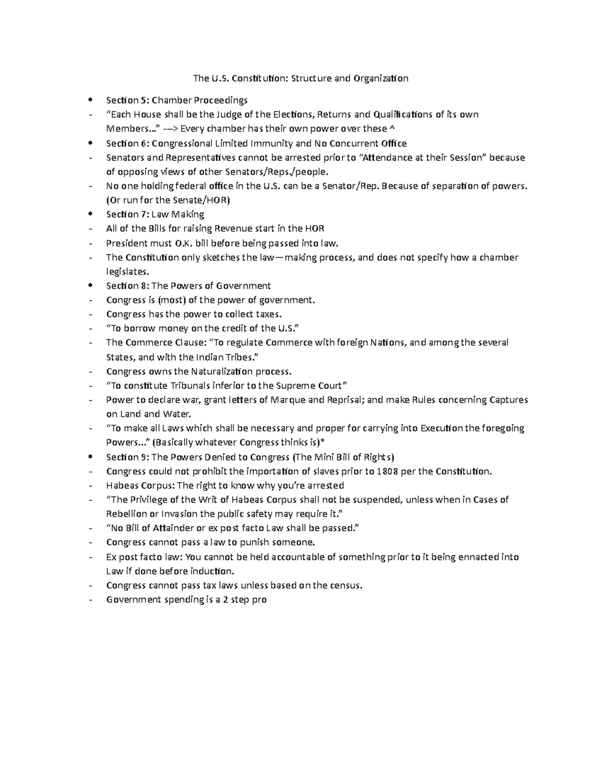 Poli Sci 1000 Aug 31 Lecture Notes - The U. Constitution: Structure and ...