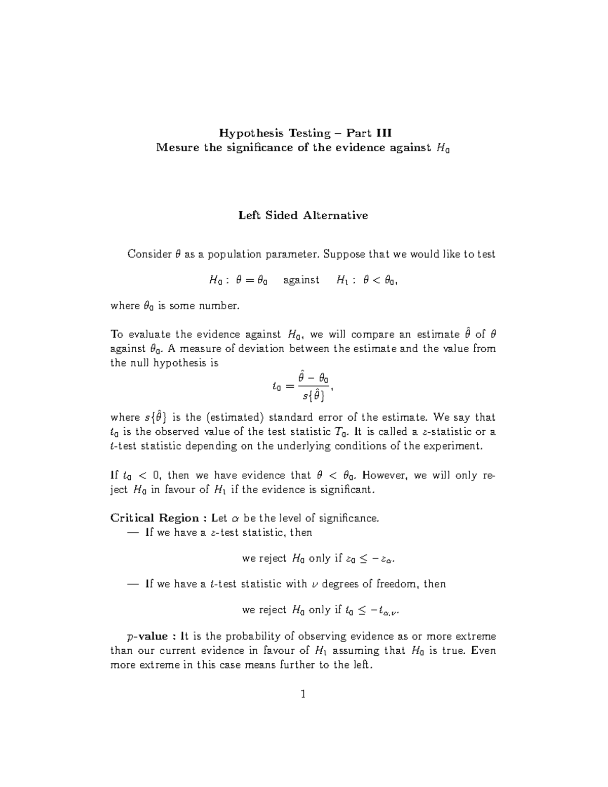 Hypothesis testing III - Hypothesis Testing – Part III Mesure the ...