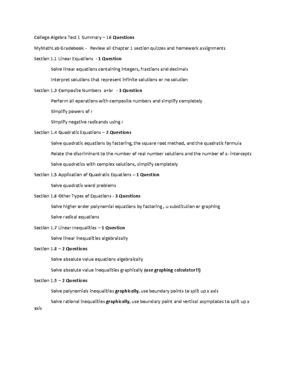 Test 1 summary - Notes - College Algebra Test 1 Summary – 16 Questions ...