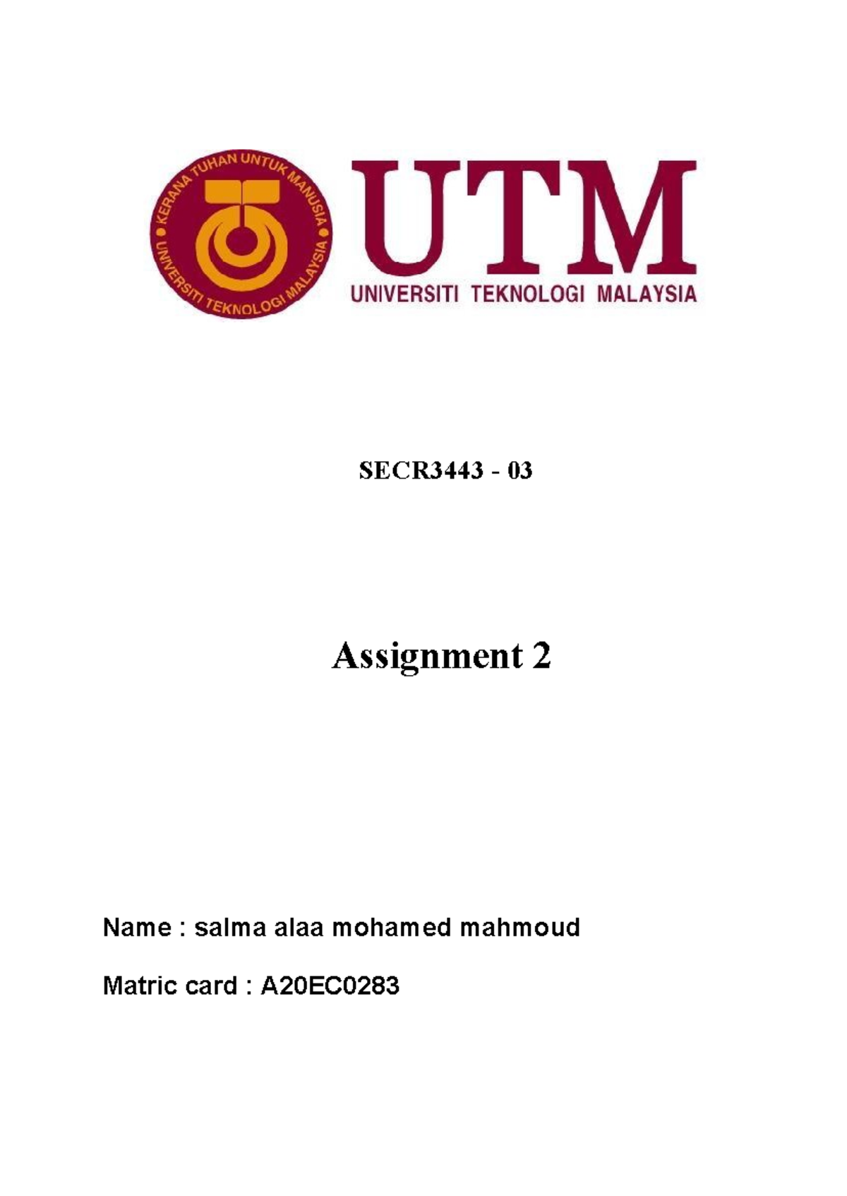 Assignment 2 Crypto Cryptography Secr3443 03 Assignment 2 Name Salma Alaa Mohamed 