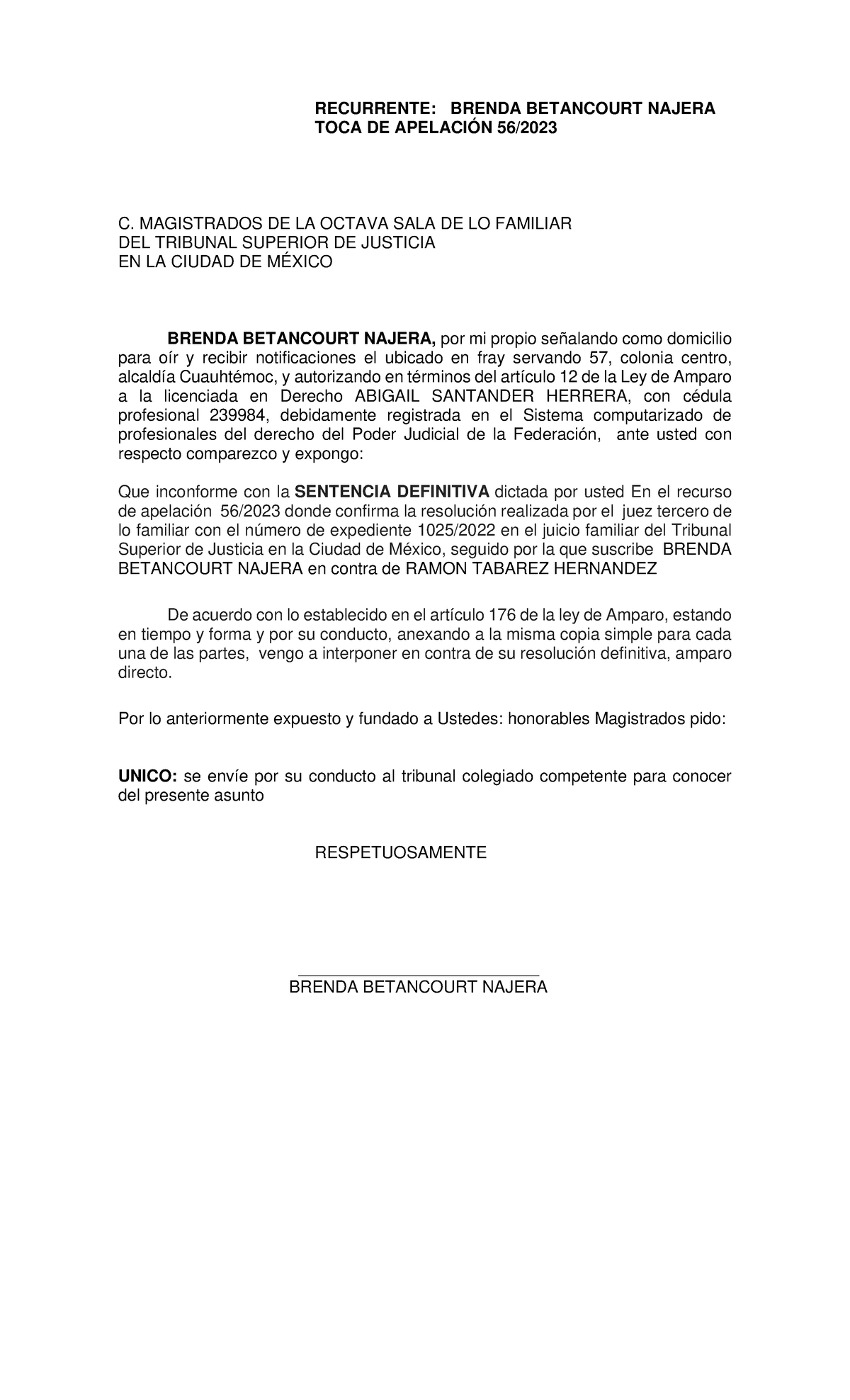 Amparo Directo - smsms - RECURRENTE: BRENDA BETANCOURT NAJERA TOCA DE ...