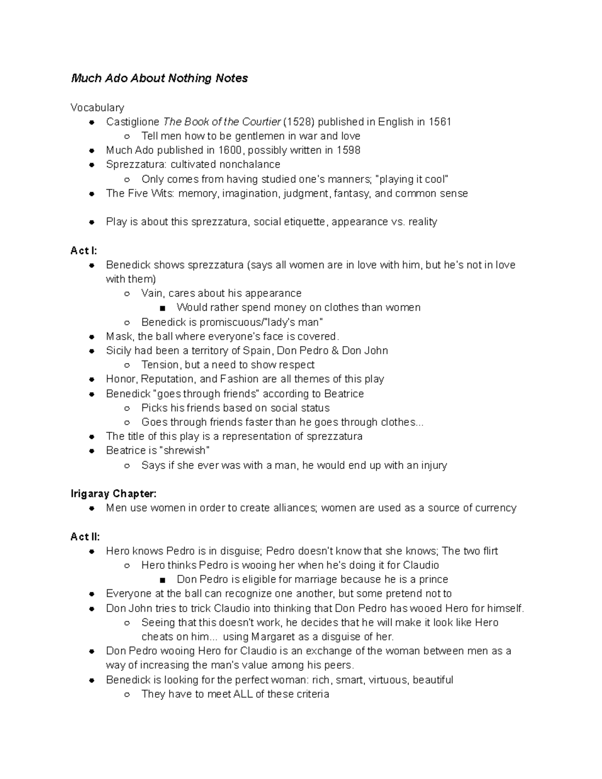ENGL Much Ado About Nothing Notes - Much Ado About Nothing Notes ...