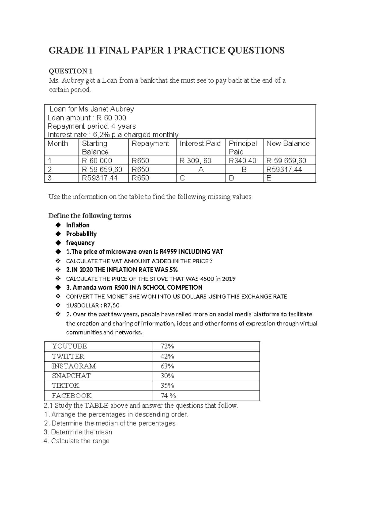 Grade 11 Final Paper 1 Practice Questions - GRADE 11 FINAL PAPER 1 ...