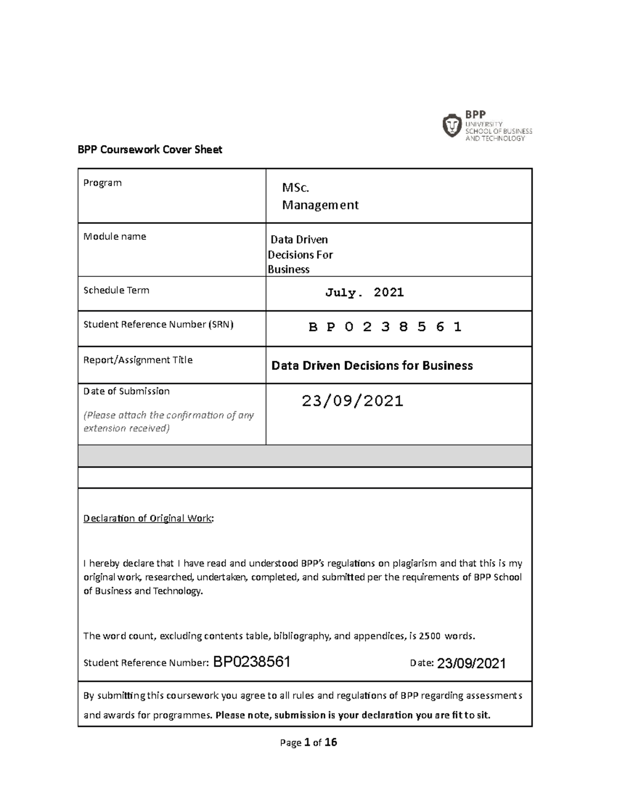 Summative Data Driven Decision Business - BPP Coursework Cover Sheet Program MSc. Management ...