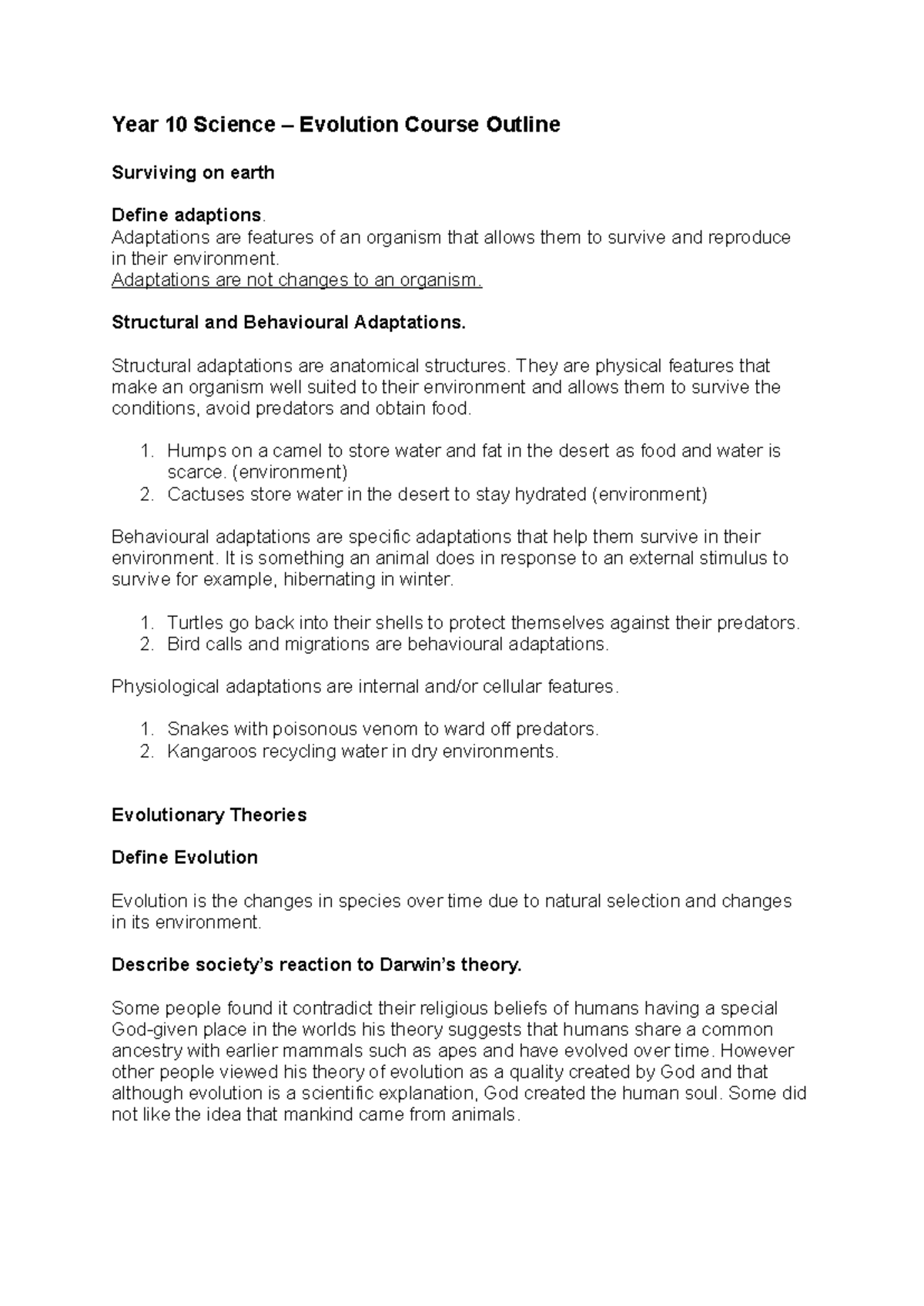 Copy of Year 10 notes on evolution for yearly exams based on topic ...
