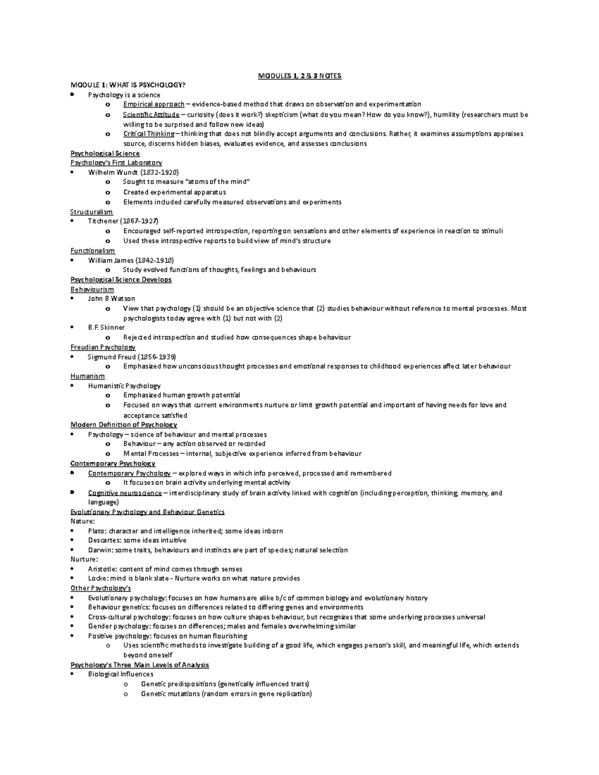 Module 1-3 Notes - MODULES 1, 2 & 3 NOTES MODULE 1: WHAT IS PSYCHOLOGY ...