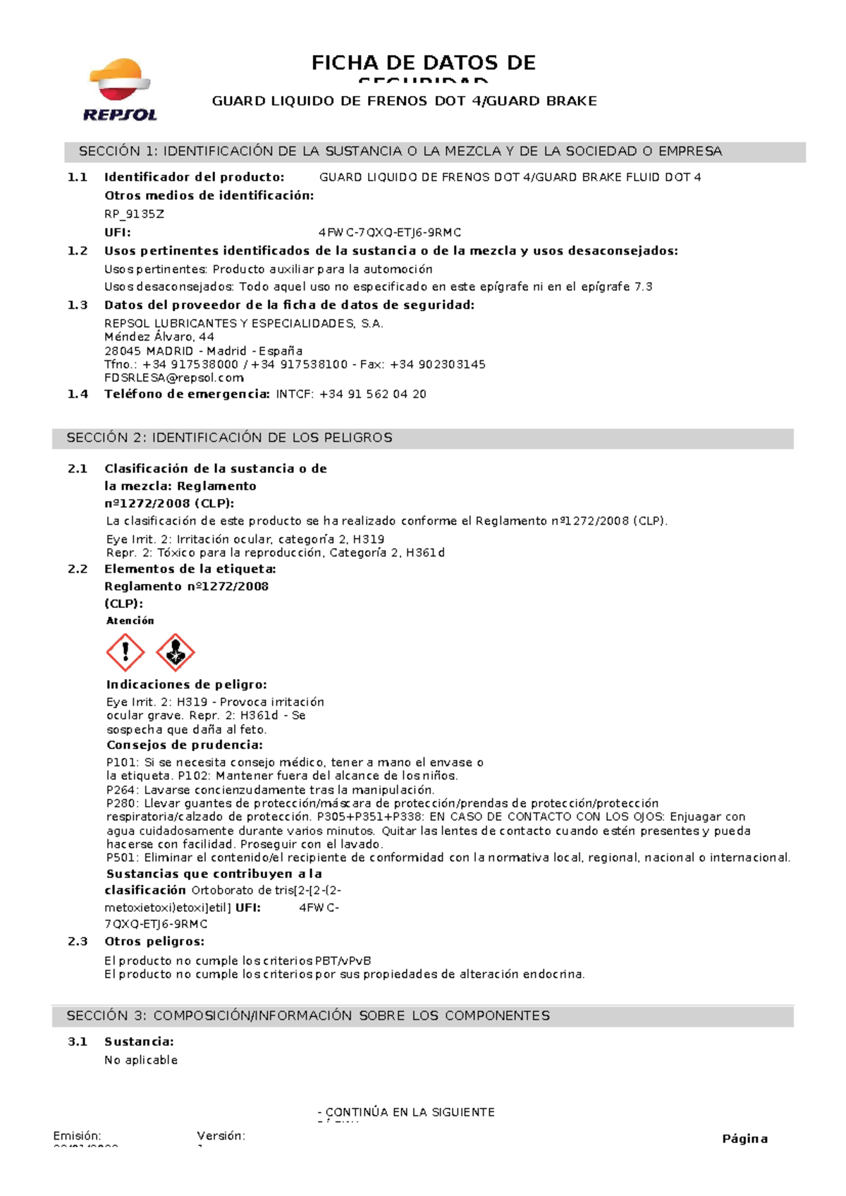 MSDS Liquido DE Freno DOT3 Repsol - SEGURIDAD GUARD LIQUIDO DE FRENOS ...
