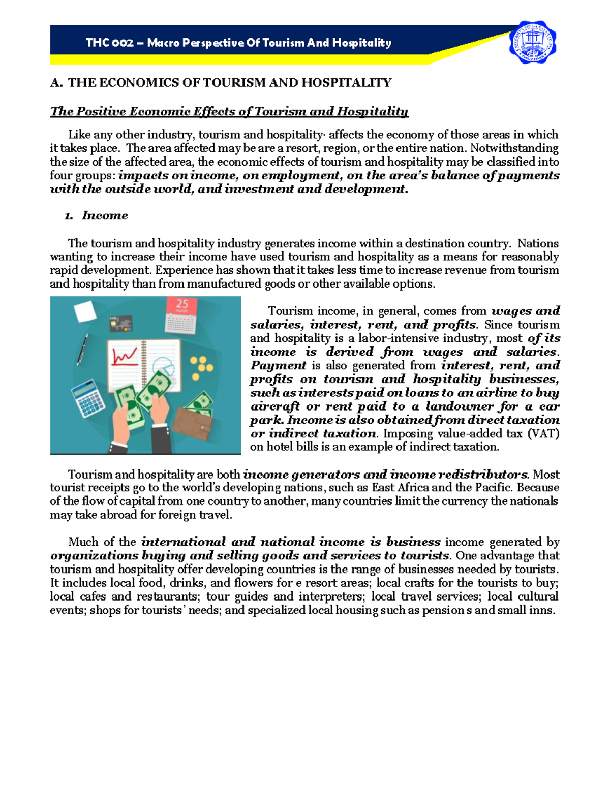 THE Economics OF Tourism AND Hospitality Lesson 1 Module 3 - A. THE ...