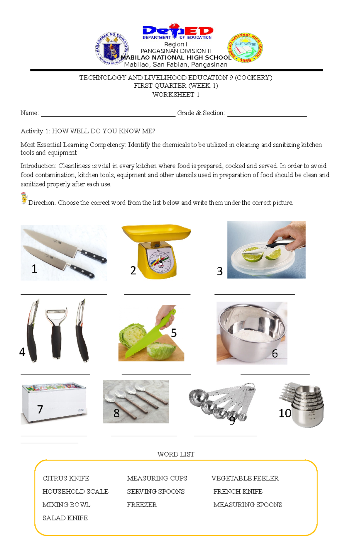 Cookery-9-w1 - use wisely - Region I PANGASINAN DIVISION II MABILAO ...