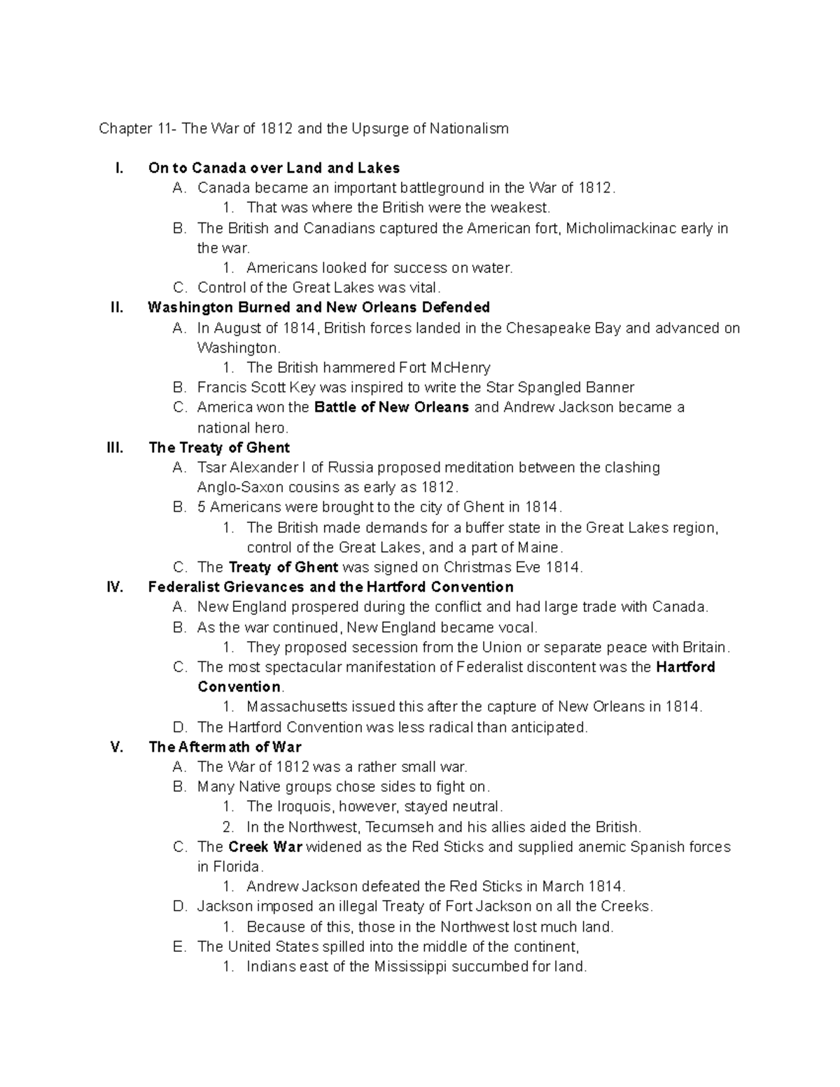 US History 1 Honors- Chapter 11 Outline - Chapter 11- The War of 1812 ...