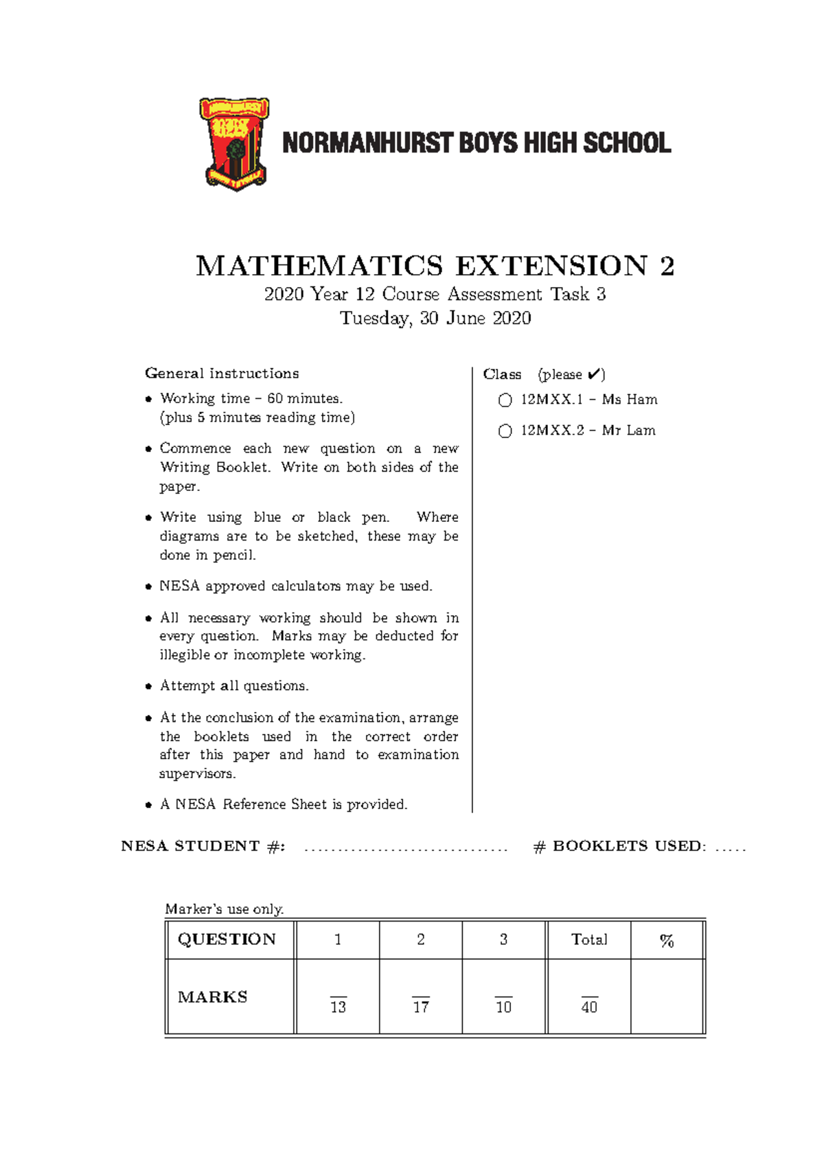 2020 Normanhurst Boys High School - X2 - T3 - MATHEMATICS EXTENSION 2 2020 Year 12 Course ...
