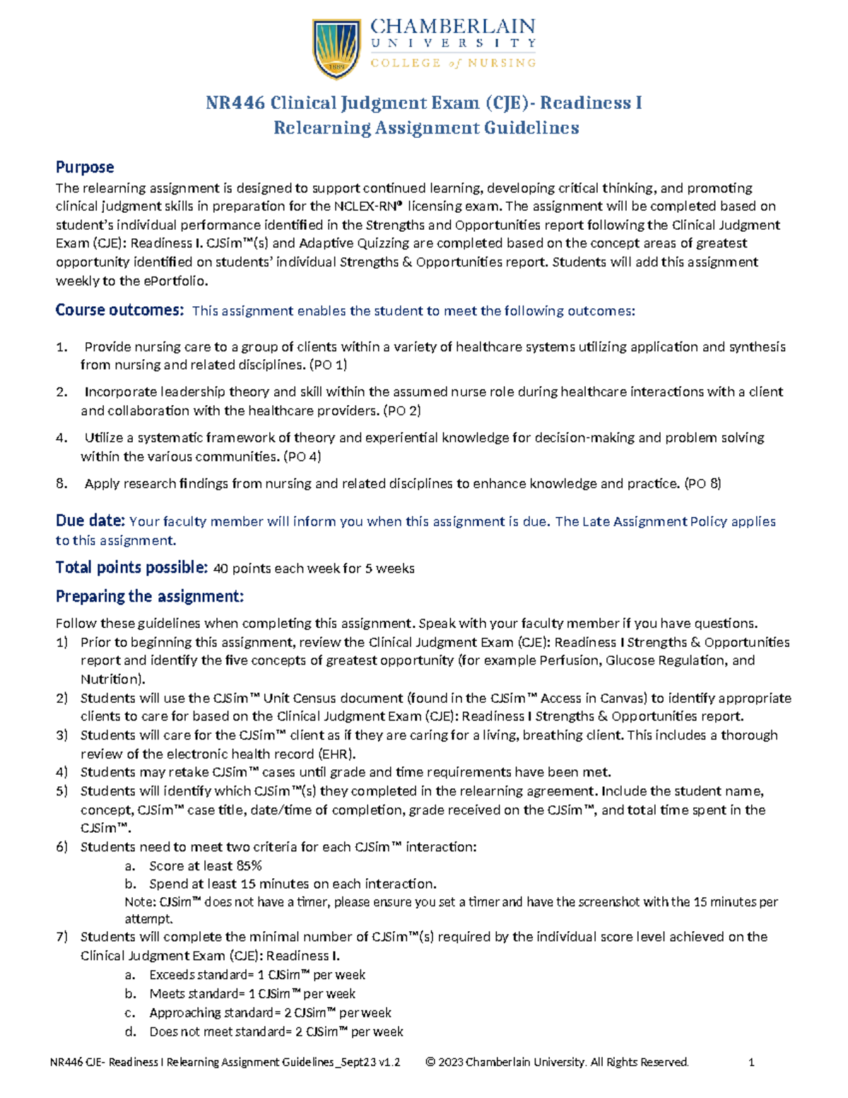 Nr446 Clinical Judgment Exam Readiness I Relearning Assignment Guidelines Sept23 Nr446 