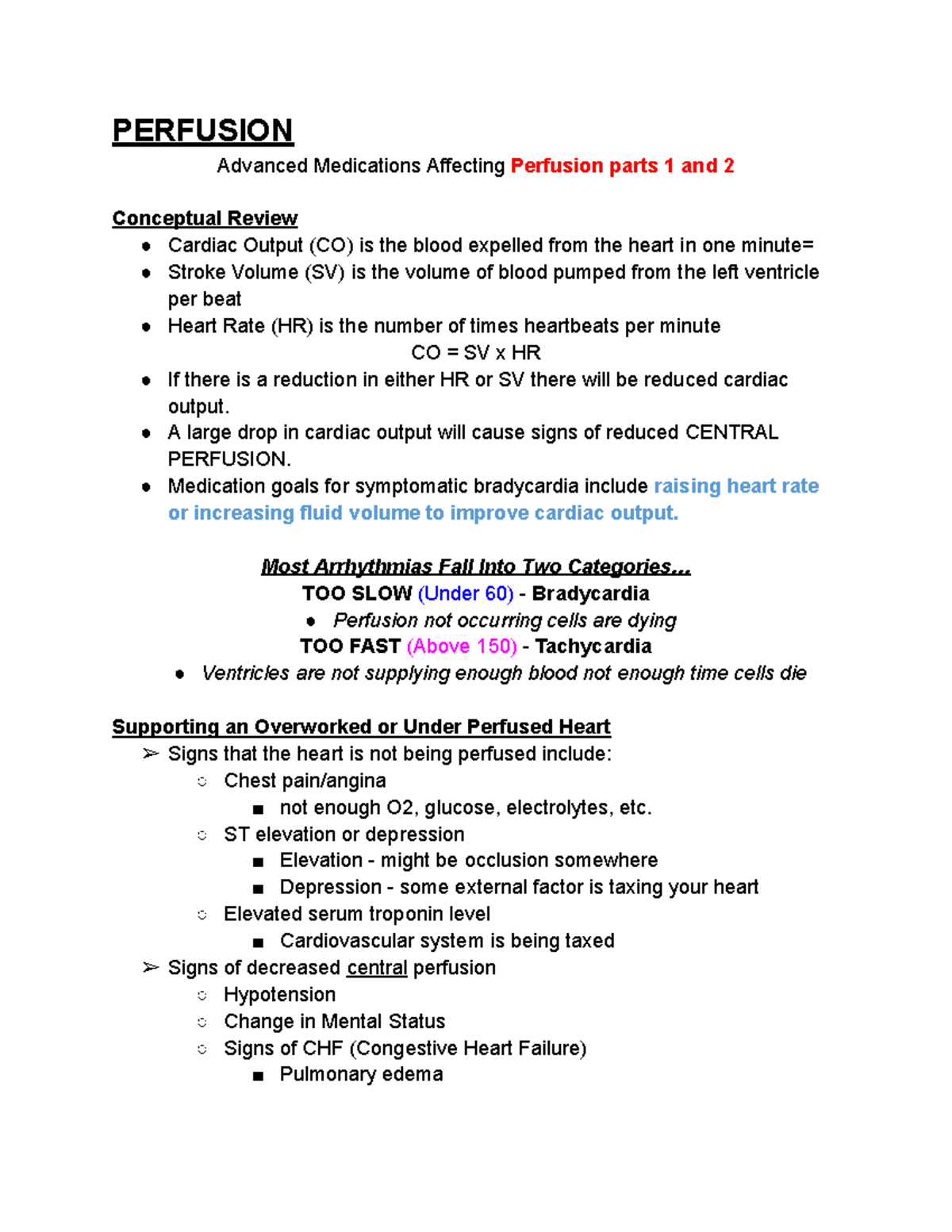 Pharm III (Exam 1) - Lecture notes - PERFUSION Advanced Medications ...