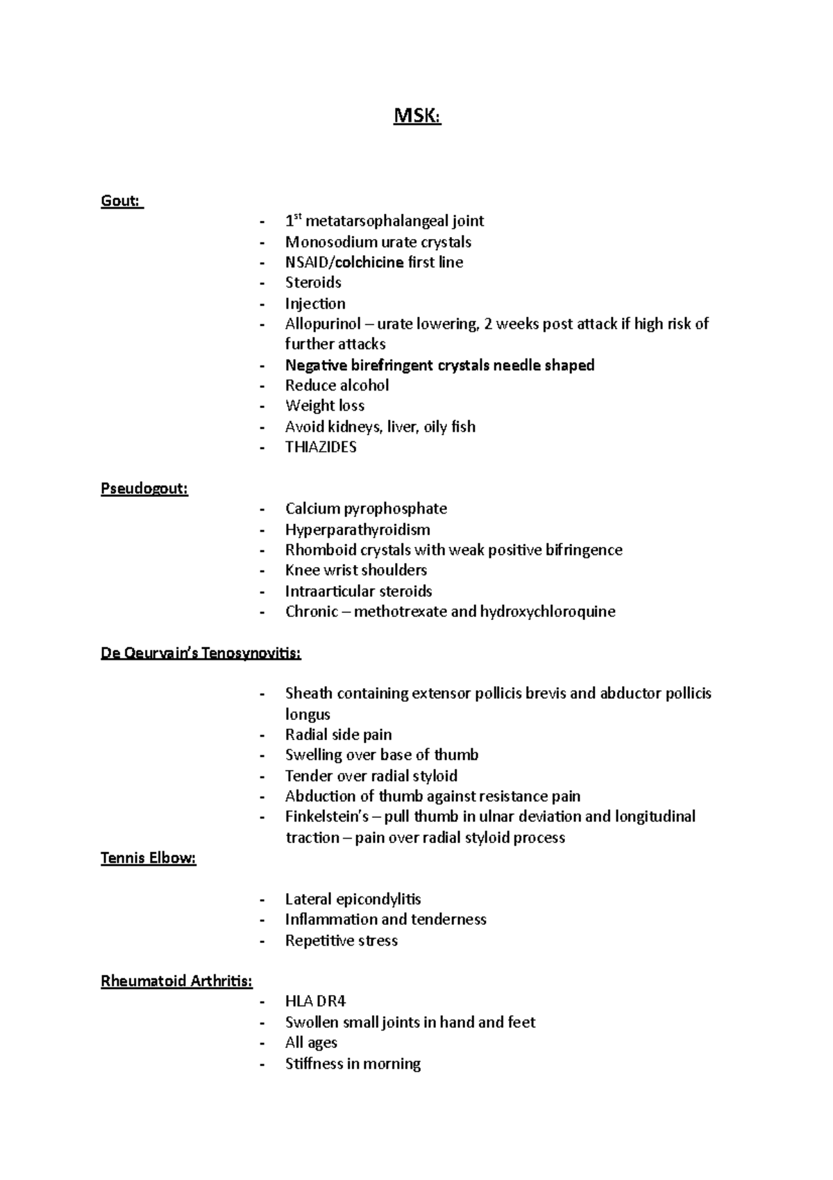 MSK - summary - MSK : Gout: - 1 st metatarsophalangeal joint ...