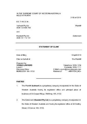 Good example part statement of claim - IN THE SUPREME COURT OF WESTERN ...