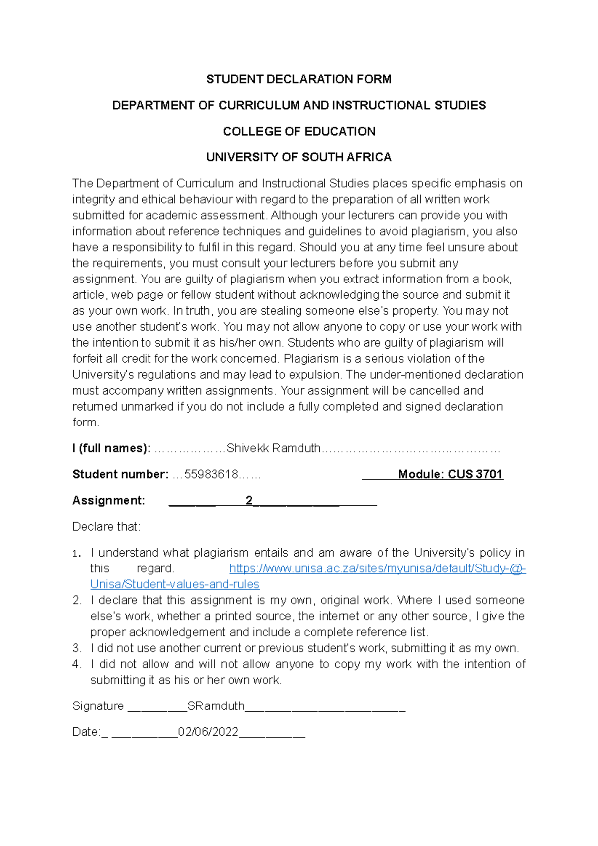 CUS 3701 Assignment 2 - STUDENT DECLARATION FORM DEPARTMENT OF ...