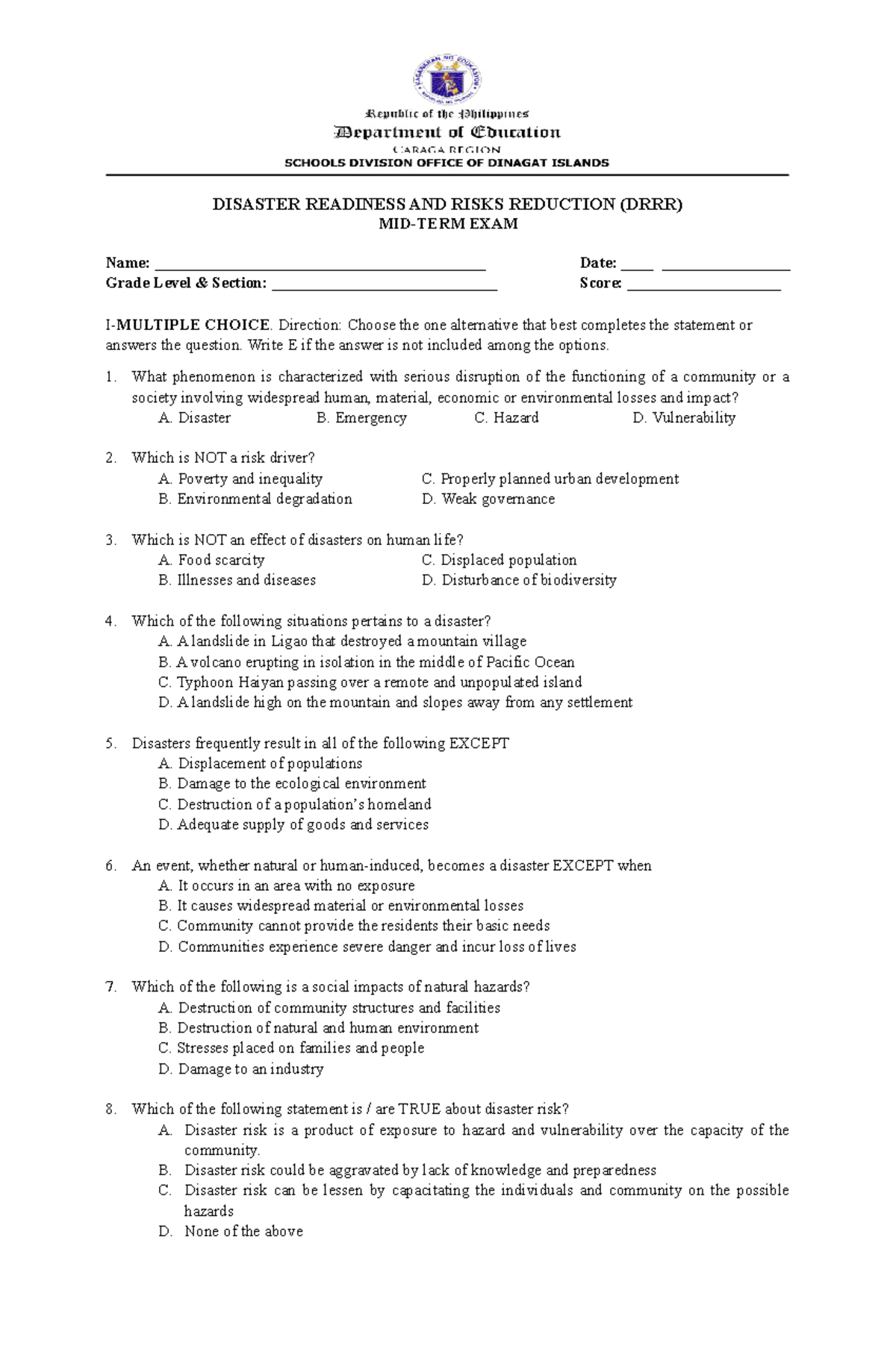 DRR TQ - Test Questions - DISASTER READINESS AND RISKS REDUCTION (DRRR ...